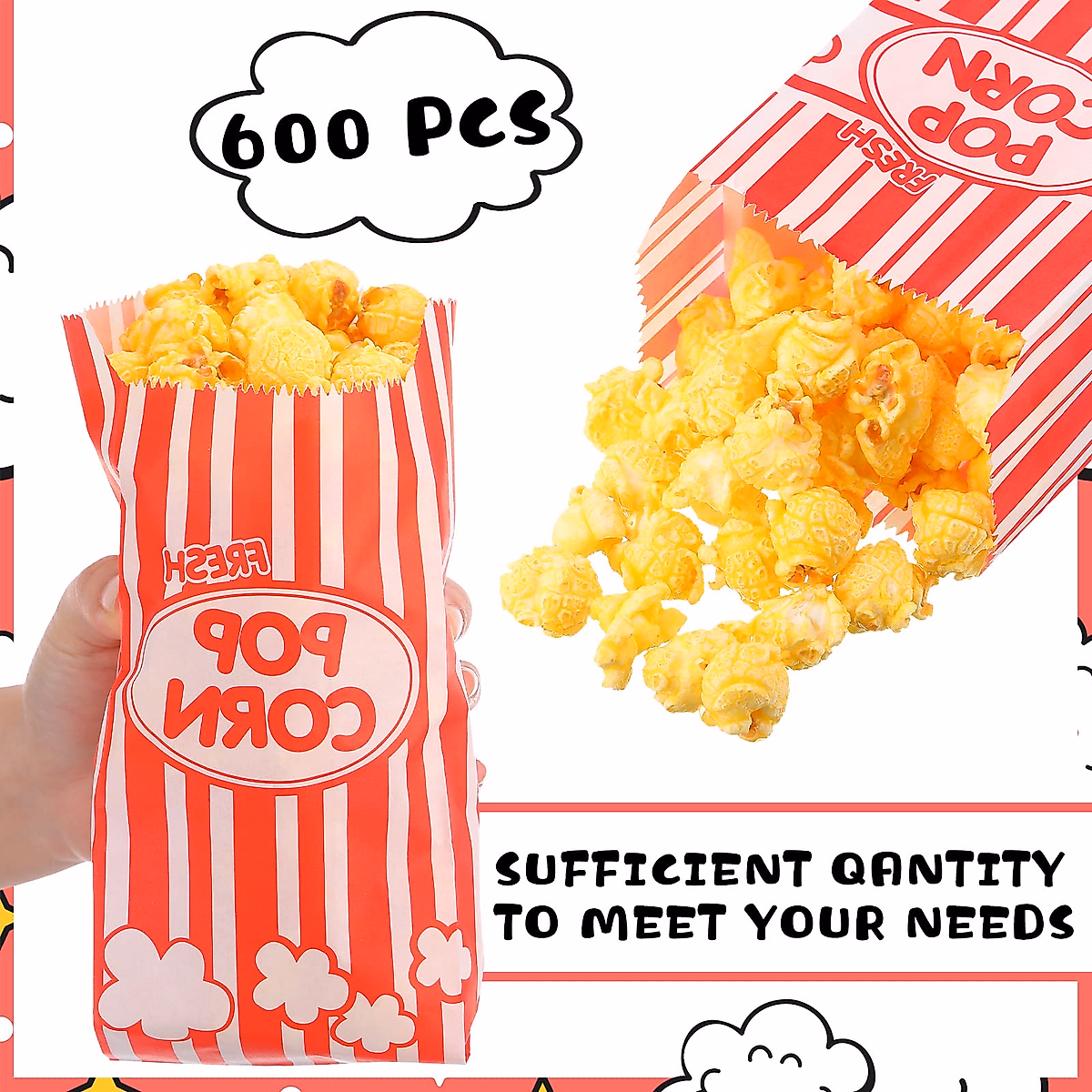 602 Pcs Popcorn Maker Supplies Set Include 600 Pcs 1oz Paper Popcorn Bags, Stainless Steel Popcorn Scoop and Dredge Bundle with Lid for Movie Night Theater Retro Carnival Birthday Party Supplies