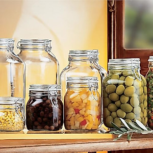 Bormioli Rocco Fido Wide Mouth Squared Glass Jar with Airtight Gasket Clamp Lid for Canning and Food Storage, 67.75 oz, Clear Top