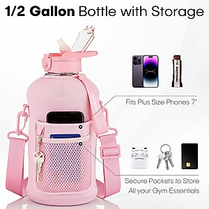 HYDRARANK Half Gallon Water Bottle with Storage Sleeve and Straw Lid - BPA Free Large Gym Water Bottles for Women - Leak Proof - Reusable Pink Water Jug with Strap, Handle (74 Ounce)