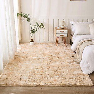 Calctic Fluffy 4x6 Shag Area Rug, Washable Tie-Dyed Beige Large Rug for Living Room and Bedroom, Soft Plush Faux Fur Carpet Ideal for Nursery Boys and Girls, Non-Slip Area Rug Perfect for Playroom