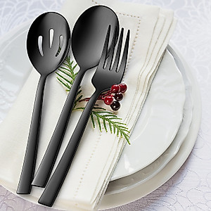 E-far Matte Black Serving Utensils Set of 6, Stainless Steel 8.7 Inch Hostess Serving Set with Square Edge, Metal Serving Slotted Spoons Forks for Party Buffet Catering