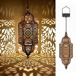Twinkya 2 Pack Hanging Solar Lights Outdoor Garden Decorative Solar Lantern Waterproof Metal Moroccan Outdoor Decorations for Patio Pathway Yard Porch Backyard Garden Decor (Gold, 2 Pack)