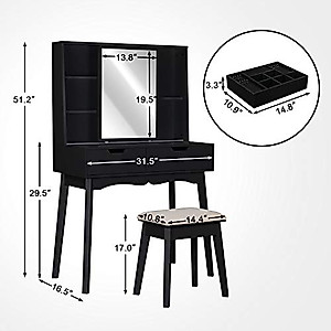 LYNSLIM Vanity Desk, Makeup Vanity with Mirror & LED Lights，Makeup Vanity Table with 2 Drawers & 4 Storage，Small Vanity Set Storage Stool for Dressing Bedroom (Black, Big)