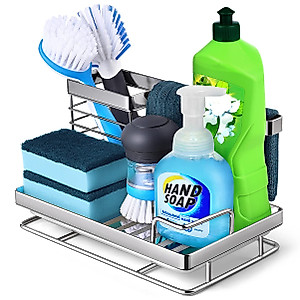 Kitchen Sink Caddy Sponge Holder: Rust Proof Kitchen Sink Organizer for Dish Rag Soap Brush - Sponge Holder with Drain Tray for Counter