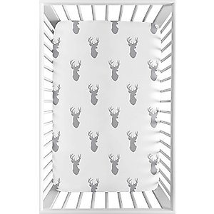 Sweet Jojo Designs Grey Stag Baby Boy Fitted Mini Portable Crib Sheet for Woodland Deer Collection - for Mini Crib or Pack and Play ONLY