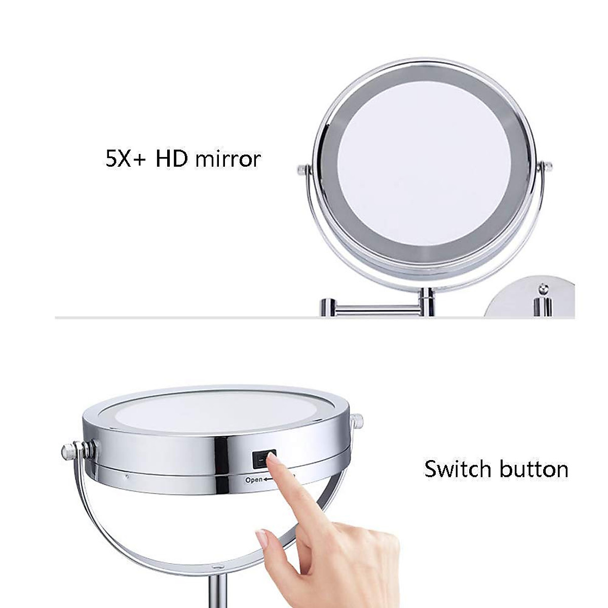 SUuim Bathroom Mirrors Wall Mounted Makeup with LED Lights Double Side Extending Folding Round 6 Inch 5X Magnification