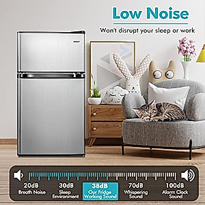 COSTWAY Compact Refrigerator, 3.2 Cu.Ft. Fridge Freezer Compartment with Reversible 2 Door, Adjustable Thermostat, Removable Glass Shelves, Mini Refrigerator for Bedroom Dorm Apartment Office, Silver