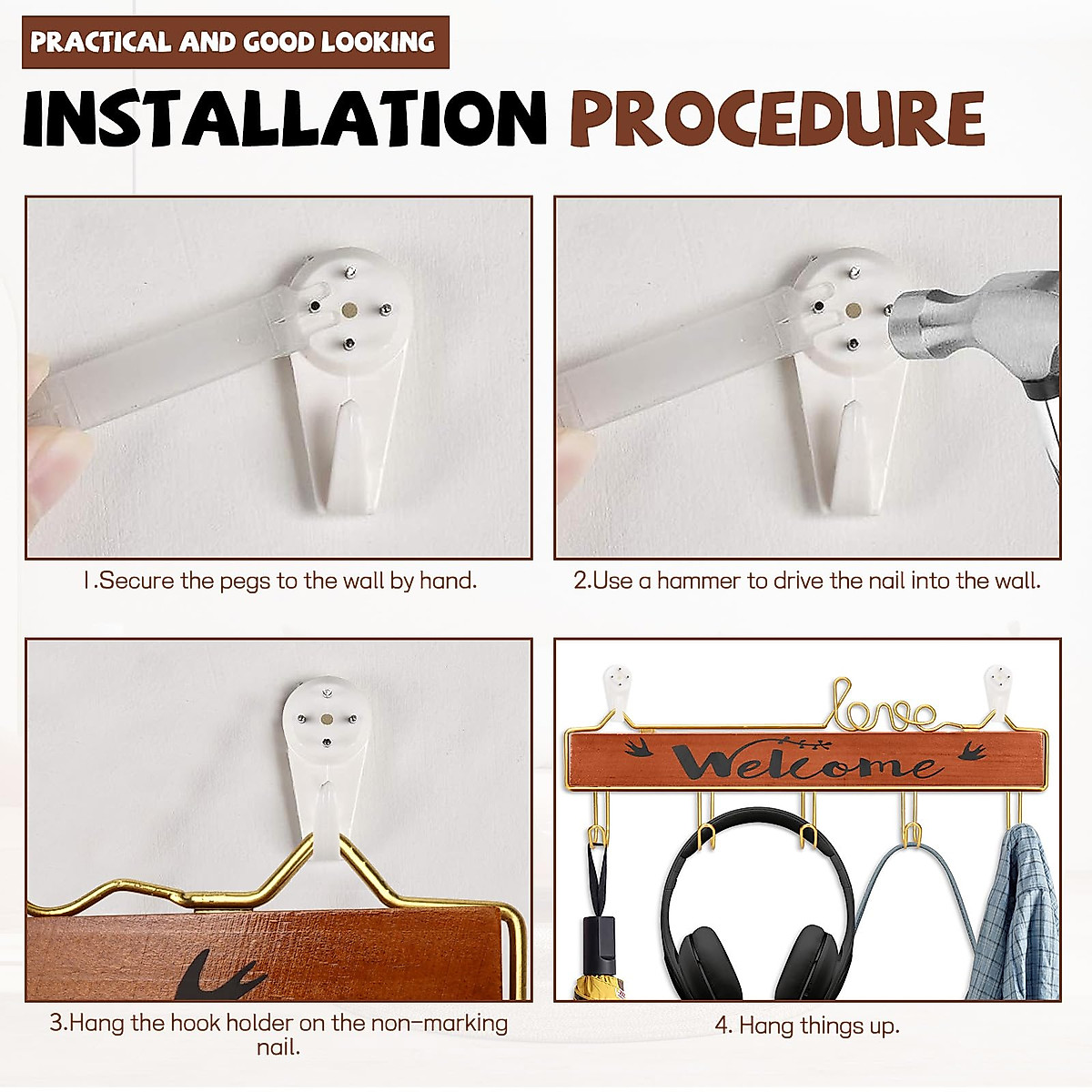 Betinyar 2 Pack Wood Coat Rack Wall Mount, Wall Coat Hangers for Entryway, Key Holder for Wall, Wood Wall Coat Rack with 5 Hooks, Key Rack for Coat Hat Bag Key Storage Organizer(Black+Gold)