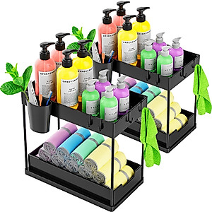 GORLDE 1 Pack Under Sink Organizer,2 Tier Under Bathroom Cabinet Organizer with Hooks Hanging Cup,Multi-Purpose Storage Shelf for Kitchen Bathroom,Black (1)