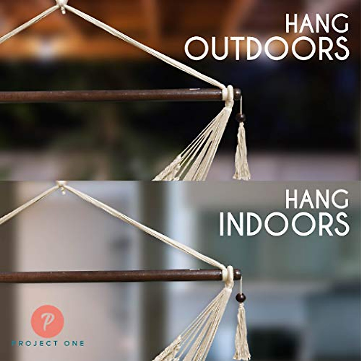 Project One Caribbean Double Hanging Hammock Chair with Soft-Spun Polyester Rope, Max 330 LBS, with Full Hanging Kit Great for Indoor, Outdoor, Home, Patio, Yard, Garden 48 Inch (Cream)