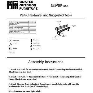 CoatedOutdoorFurniture B6WBP-BLK Heavy Duty Park Bench with Back Portable Frame, 6 Feet, Black, Made in America