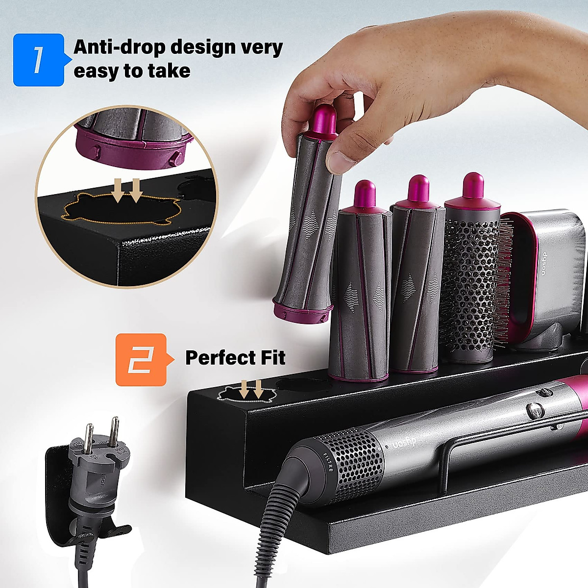 Holder Storage Stand Rack Wall Mount for Dyson Airwrap Curling Iron Accessories,Bathroom Organizer Holder for Dyson Airwrap,No Drilling Installation,Suitable for Bathroom|Bedroom|Hair Salon (Black)