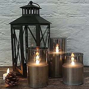 GenSwin Gray Glass Flameless Led Candles Battery Operated with Timer and 10-Key Remote, Real Wax Warm Light Candles Flickering for Wedding Festival Home Decoration (Set of 3)