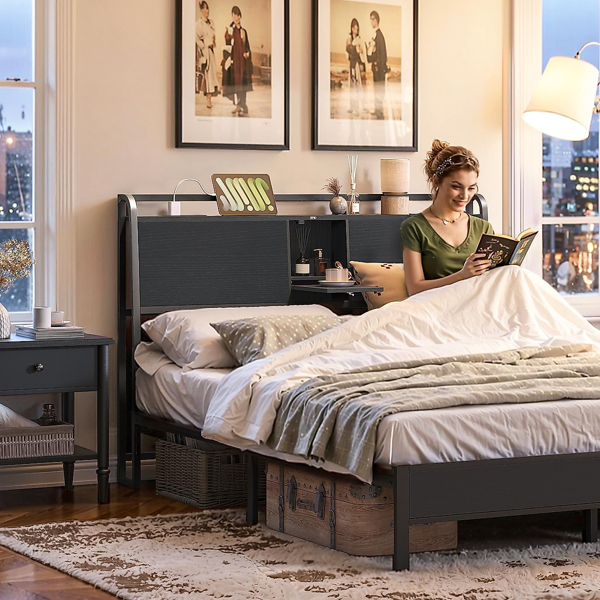 MAHANCRIS Headboard Queen Size, Headboard with 4 Outlets and 4 USB Ports, Industrial Headboard with Flip Door and Bed Frame Adapter, Height Adjustable, Black