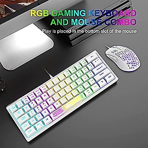 60% Gaming Keyboard and Mouse,Rainbow LED Backlit Gaming Keyboard with Wired Mini Portable Ergonomic 2400 DPI Ultralight Gaming Honeycomb Shell Mouse,Mouse Pad for Windows PC Gamers(White)