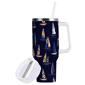 Joisal Hand Drawing Colorful Sailboat Tumbler Cup with Handle and Straw Ice Coffee Cups 40 Oz Stainless Steel Tumbler