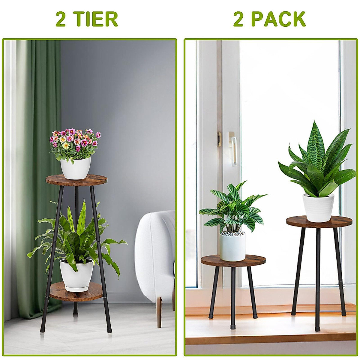 Peyulia 2 Tier Wooden Plant Stand, Adjustable Heavy Duty Plant Holder, Mid-Century Wooden Style Plant Shelf, Small Round Table for Indoor Outdoor Storage of Various Plants