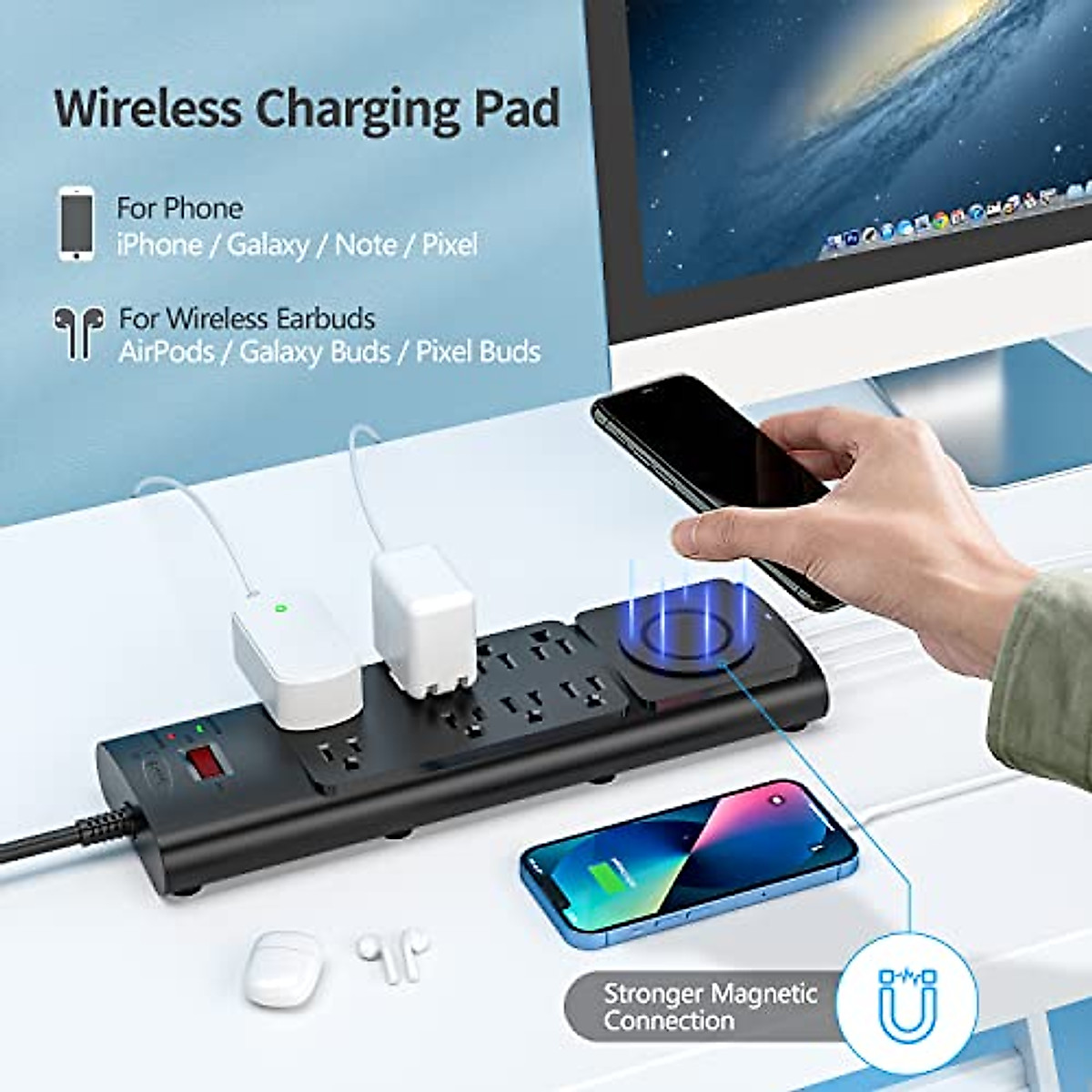 Power Strip with Wireless Charger, Bototek Power Strip Surge Protector (2980 Joules) Wireless Charger with 8 AC Outlets and 4 USB Ports,1875W/15A, 6 ft Extension Cord (8 Outlets)