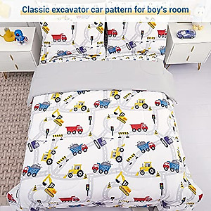 Viviland Full Comforter Set for Boys - Kids Brushed Microfiber Full Bedding Set - 7 Pieces Machine Washable Bed in A Bag with Soft Comforters, Sheet Set, Shams - Excavator Car Printed