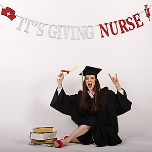 Red Glitter It's Giving Nurse Banner, Nurses Call the Shots/Nursing School Survivor, 2025 Nurse Graduation Party Decorations Supplies