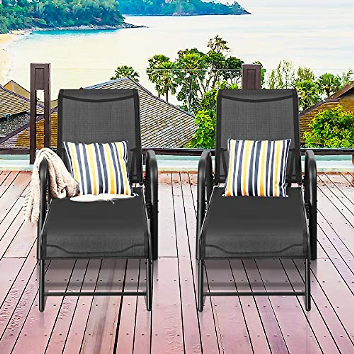 Tangkula Outdoor Patio Lounge Chaise, (Set of 2) Adjustable Folding Reclining Lounge Chairs, 5-Position Backrest Adjustment, Sling Chaise for Patio Beach Porch Swimming Poolside