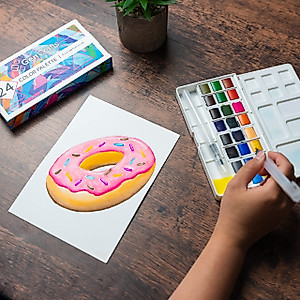 GenCrafts Watercolor Palette with Paper Pad 24 Premium Colors - 2 Refilable Water Brush Pens - 15 Sheets of Water Color Paper - Portable Painting