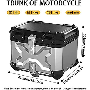 LASIEYO 45L Motorcycle Top Case, Aluminum Motorcycle Trunk Tour Tail Box with Security Lock for Store Helmet Large Luggage, Waterproof Motorcycle Top Box, Universal Motorcycle Accessories (Silver)