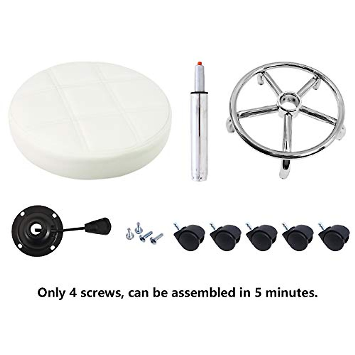 KKTONER Round Rolling Stool Chair PU Leather Height Adjustable Swivel Drafting Work SPA Shop Salon Stools with Wheels Office Chair Small (White)