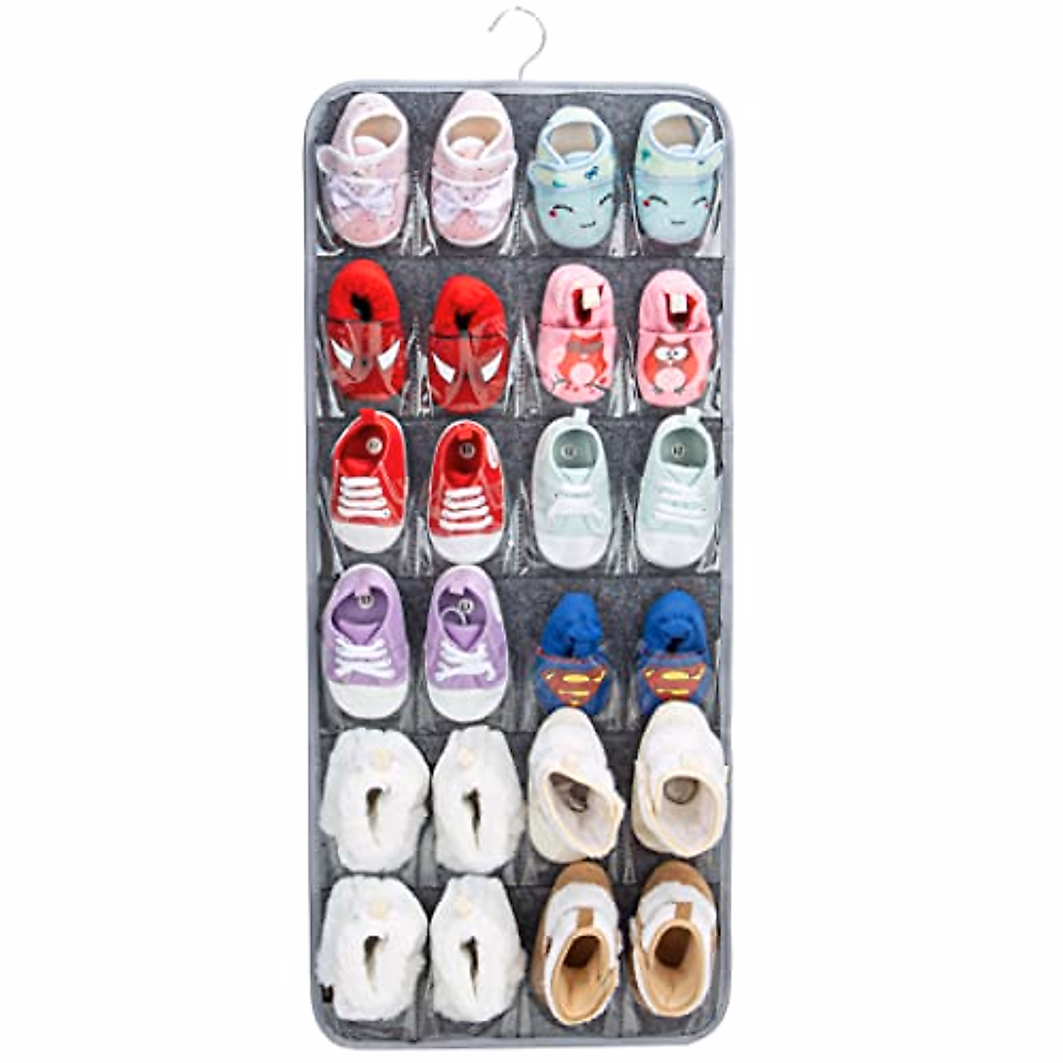 PACMAXI Over The Door Shoes Organizer for 12 Pairs of Baby Shoes Boys Girl, Hanging Baby Shoe Organizer with Hanger(Felt Material-Grey)