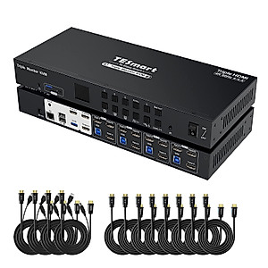 TESmart USB 3.0 HDMI KVM Switch 3 Monitors 4 Computers 4K@60Hz, Headset, Audio&Microphone, EDID emulators, Hotkey Switch, Wired Network, Rack-Ears, 4 Port Triple Monitor KVM Switch with All Cables
