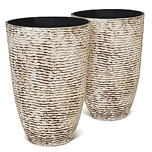Worth Garden 9 Gallon Tall Round Planters Set of 2-14" Dia x 21" H Tree Pots for Outdoor Plants - Large Imitation Stone Finish Flower Pots Indoor Decorative Container Garden Patio Unbreakable Beige