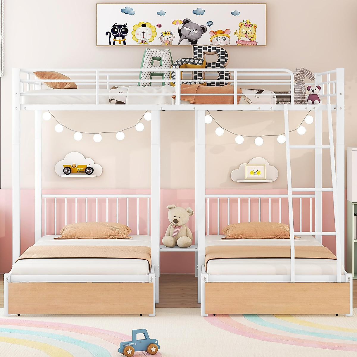 Metal Triple Bunk Bed Full Over Twin & Twin, Full Over Twin & Twin Bunk Bed with Storage Drawers, 3 Bunk Beds/Convertible Into 3 Beds, Metal Triple Bunk Beds for Kids,Teens, Girls(White)