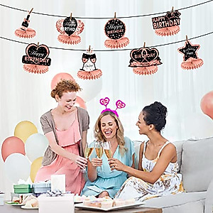 Rose Gold Birthday Decorations Table Honeycomb Centerpiece, Happy Birthday Table Party Supplies for Women, Sweet 16 21st 30th 40th 50th 60th Birthday Theme Table Topper Sign Decor