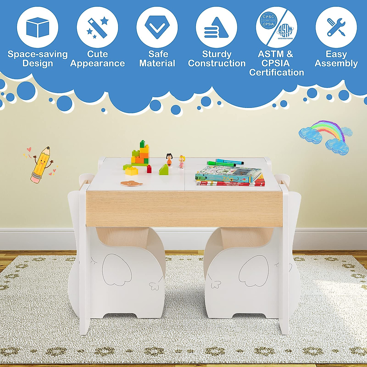HONEY JOY Kids Table and Chair Set, 4-in-1 Children Wooden Activity Table and 2 Chairs for Art Craft, Reversible Blackboard, 3 PCS Toddler Furniture with Storage, Gift for Boys Girls (Natural)