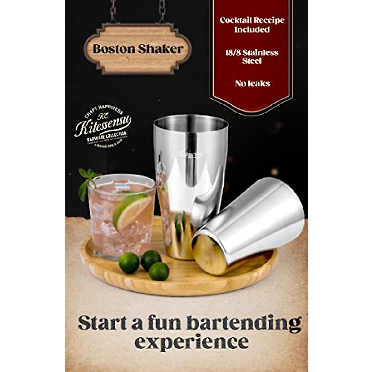 KITESSENSU Cocktail Shaker Set, 2-Piece Boston Shaker Set for Drink Mixing, Premium 18/8 Stainless Steel Martini Shaker for Bartending and Home Bar - 18oz & 28oz, Recipes Booklet Included, Silver