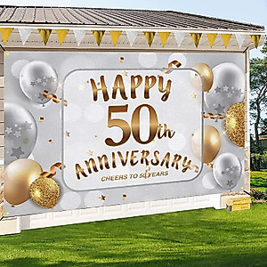 50th Happy Anniversary Decorations Large White Gold Sign Poster for 50th Anniversary Backdrop Banner Cheers To 50 Years Anniversary Party Decorations Supplies for Parents