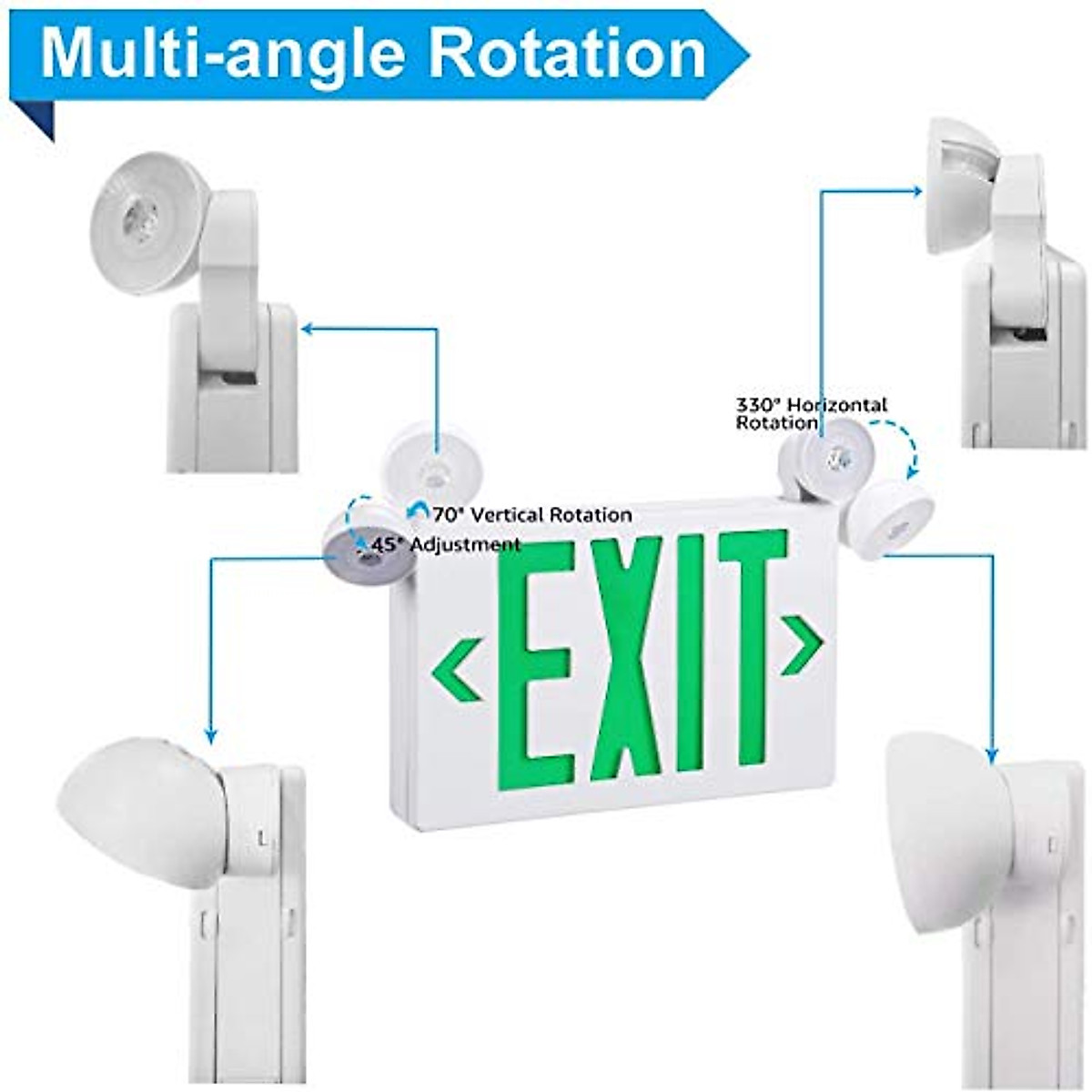 EXITLUX 2 Pack Green Led Exit Sign with Emergency Lighting Battery Backp -Two LED Adjustable Head -120V/277V-UL Listed-Exit Lighting -Dual LED Lamp ABS Fire Resistance for Power Failure.