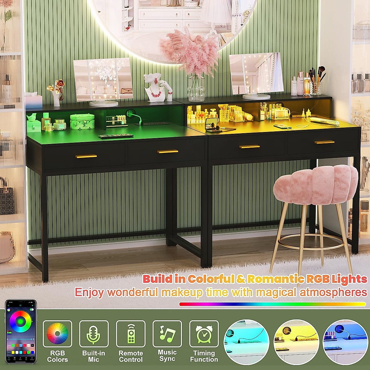 Cyclysio Vanity Desk with Mirror and Lights, 36 Inch Makeup Vanity with 2 Wooden Drawers & Storage Shelves, Black Small Vanity with Power Outlets and LED Lights for Small Space, Bedroom, Black Pink