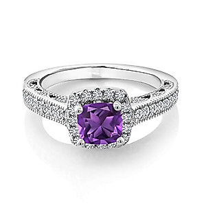 Gem Stone King 925 Sterling Silver 6MM Cushion Gemstone Birthstone and Accent White Created Sapphire Engagement Ring | Wedding Anniversary Promise Ring For Women | Available In Size 5, 6, 7, 8, 9