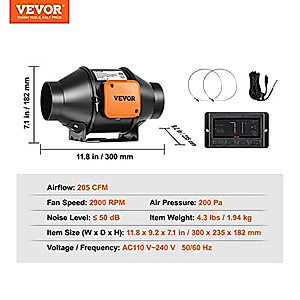VEVOR Inline Duct Fan, 4-Inch 205 CFM with Temperature Humidity Controller, Quiet EC-motor Ventilation Exhaust Fan for Cooling Booster, Grow Tents, Hydroponics