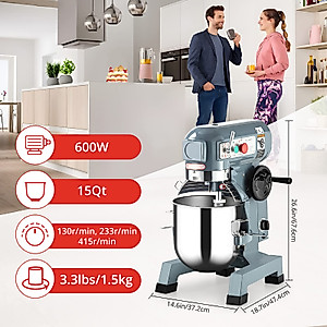 15Qt Commercial Food Mixer - Powerful 600W Motor, 3 Speeds, Stainless Steel Bowl & Attachments - Perfect for Bakeries, and Commercial Kitchens - Reliable Performance with Safety Guard