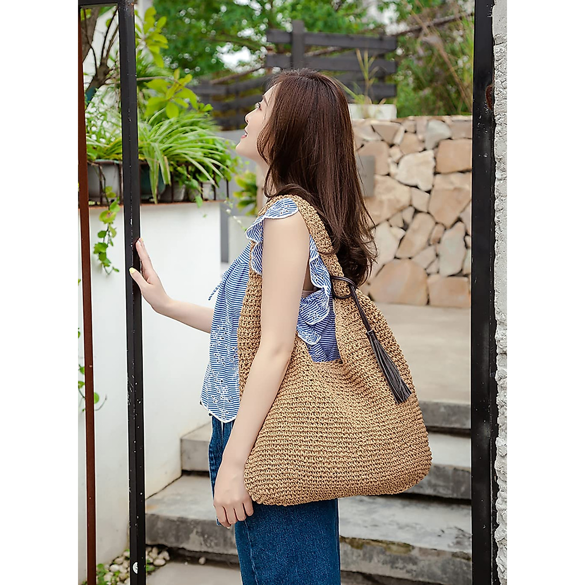 JBRUN Women Straw Shoulder Bag Handmade Woven Handbag Summer Beach Tote Straw Leather Handle Large Bucket Bag (E-Brown)