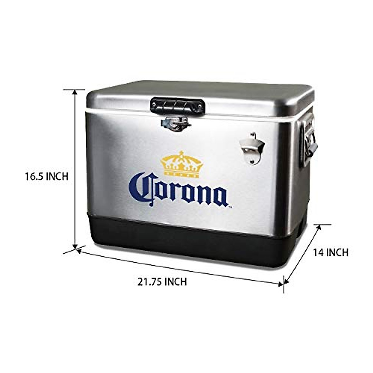 Corona Ice Chest Beverage Cooler with Bottle Opener, 51L (54 qt), 85 Can stainless steel Portable Cooler, Silver and Black, for Camping, Beach, RV, BBQs, Tailgating, Fishing