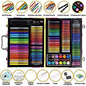 Art Supplies, POPYOLA 180-Piece Deluxe Art Set, Drawing Painting Coloring Kit with Clipboard, Pastels, Crayons, Pencils, Watercolors, Drawing Papers, Arts and Crafts Gift Case for Kids Girls Boys