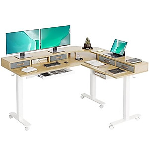 INNOVAR Triple Motor L Shaped Standing Desk with Drawers, Solid Wood Adjustable Corner Stand Up Desk, 63" Electric Standing Desk for Home Office, White Frame/Nature Top
