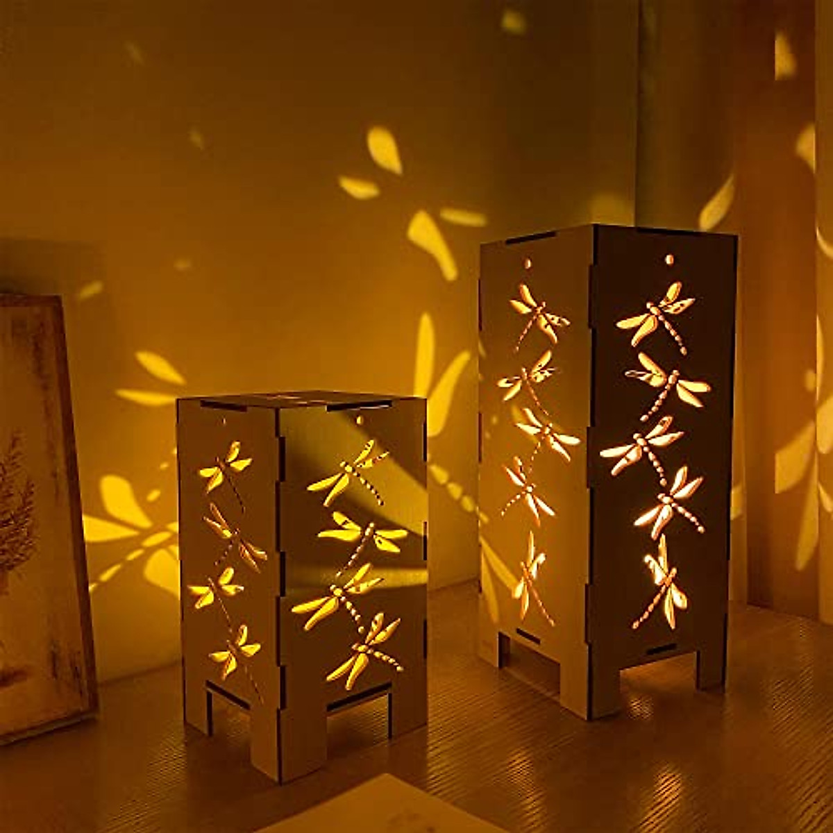 Midrean Wooden Farmhouse Lantern Decor 13.5" Small Lanterns Decorative Indoor Rustic Lantern Decorative Laterns for Living Room Decoration Home(Dragonfly Laterns)