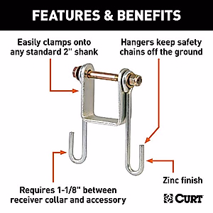 CURT 45806 Trailer Safety Chain Holder Bracket for 2-inch Shank, Bolt-On Steel Hanger Hooks