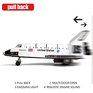 TGRCM-CZ 8'' Space Shuttle,US Discovery Airplane Toys, Alloy Pull Back Aircraft Model with Base LED Light and Sound, Display Plane for Boys Girls Adults Outdoor Games and Decoration, White