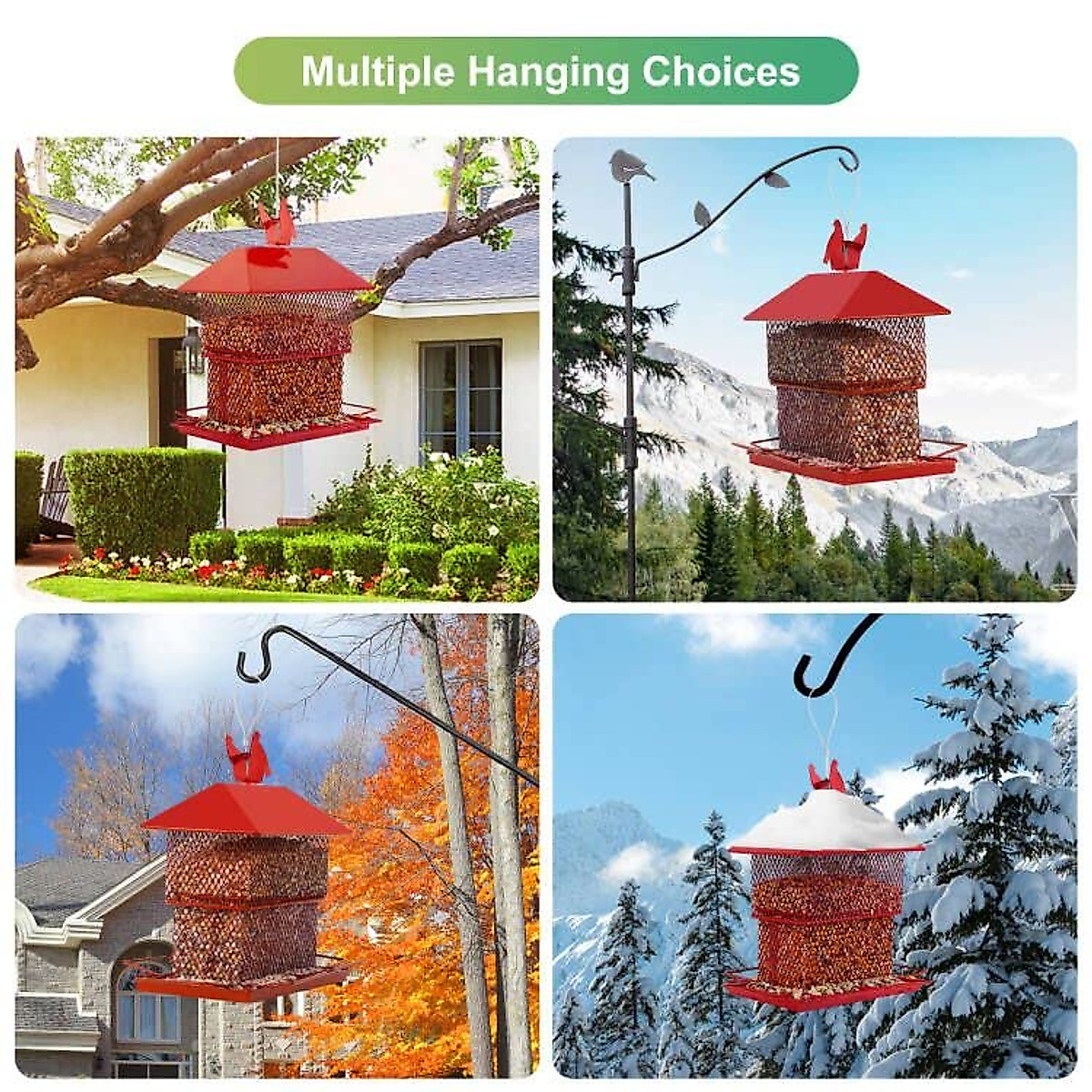 Bird Feeder for Outside Hanging Squirrel Proof Bird Feeders Metal Wild Bird Feeder Retractable Outdoor Feeder with 6 Perches for Cardinal, Finch, Chickadee, Bluebirds etc(Red)