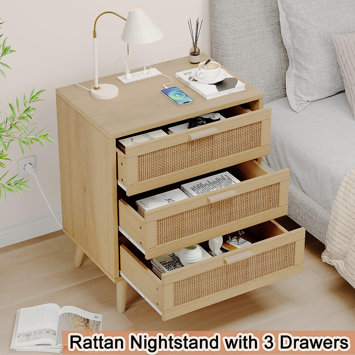 Rovaurx Rattan Nightstand with Charging Station, Night Stand with 3 Drawers, 23.6" W Bedside End Table for Bedroom, Side Table with Solid Wood Legs, Boho Style, Natural RCTG110ME